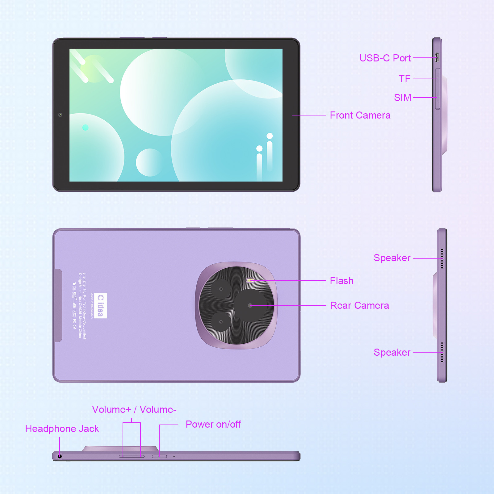 C Idea 9 Inch Tablet 5MP+8MP Educational Tablet For Students CM935 Purple